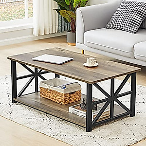 GreenForest Coffee Table for Living Room with Round Corners Farmhouse Style Center Table with Storage Shelf 40 Inch Space Saving Easy Assembly Gray Wash