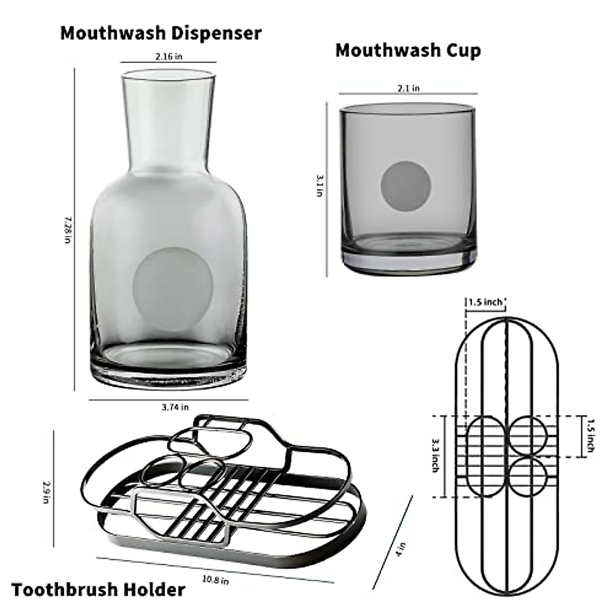 25 OZ Mouthwash Dispenser Bottle with Stainless Steel Toothbrush Holder, Mouthwash Decanter Glass Water Carafe Set for Bathroom,Bedside, Nightstand with Accessories Organizer