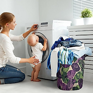 Laundry Basket Hamper Green And Purple Leaves Waterproof Dirty Clothes Hamper Collapsible Washing Bin Clothes Bag with Handles Freestanding Laundry Hamper for Bathroom Bedroom Dorm Travel