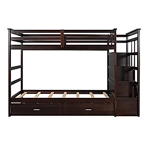Solid Wood Twin Over Twin Bunk Bed, Trundle Bunk Beds with 4 Storage Drawers, Staircase and Safety Guard Rail, No Box Spring Needed (Espresso)