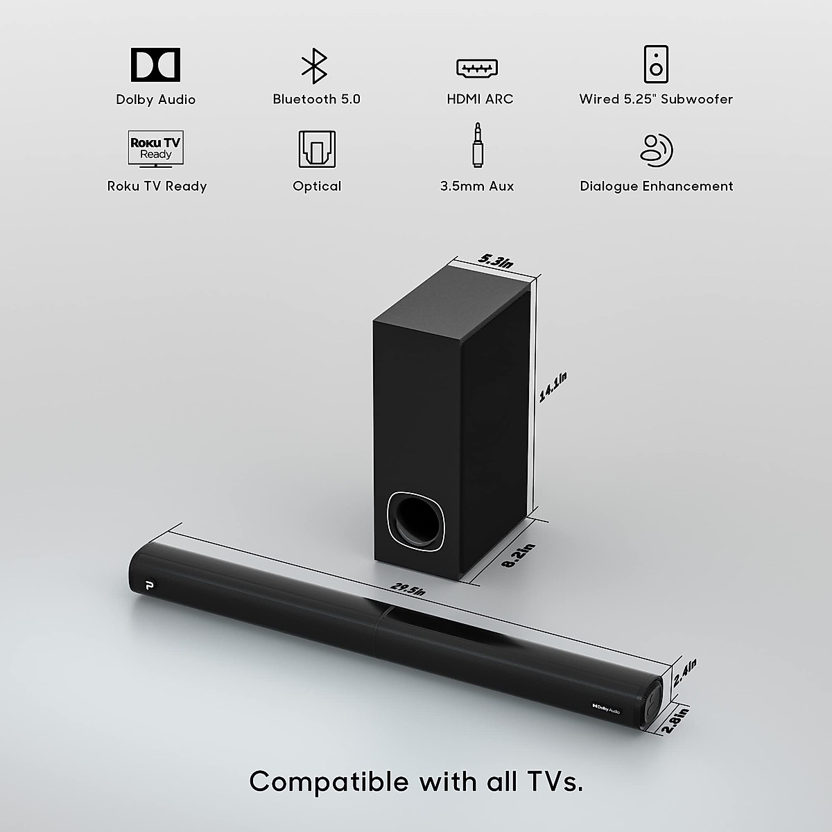 PHEANOO Sound Bar Compatible with Dolby Audio, Roku TV Ready, Sound Bars for TV with Subwoofer, Bluetooth 5.0/HDMI ARC/Optical/AUX/RCA Connection
