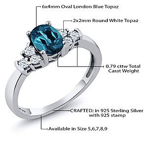 Gem Stone King 925 Sterling Silver London Blue Topaz and White Topaz Ring For Women (0.79 Cttw, Oval 6X4MM, Gemstone Birthstone, Available In Size 5, 6, 7, 8, 9)