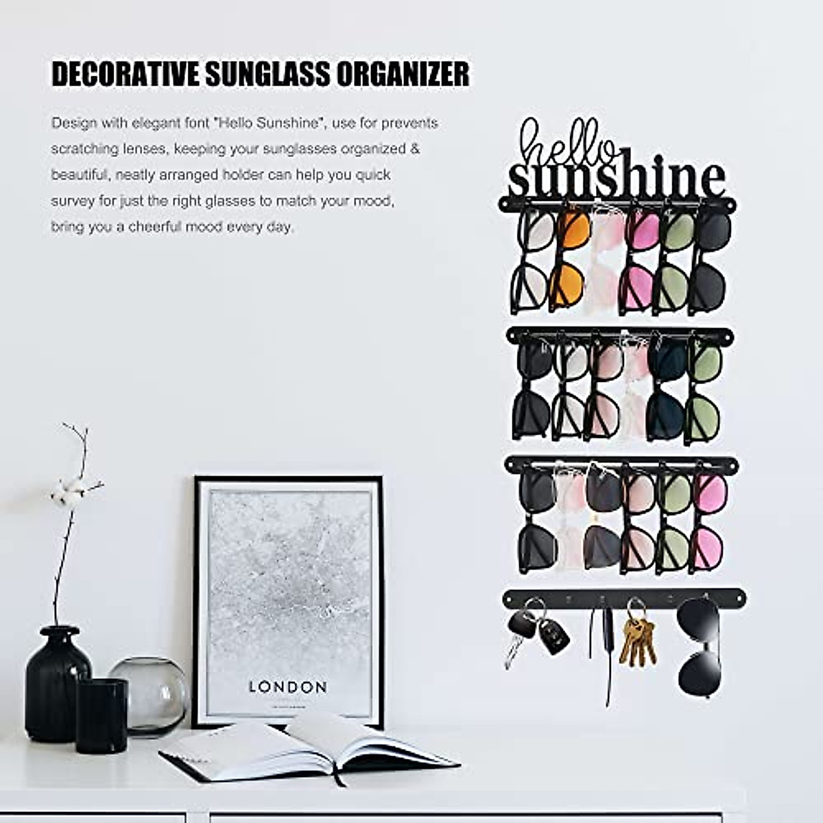 Dancenser Decorative Sunglass Organizer Wall Mounted, Metal Sunglasses Holder for Multiple Glasses, Sunglass Storage, Hello Sunshine Modern Eyeglasses Display, Key Holder for Wall with 6 Hooks, Black