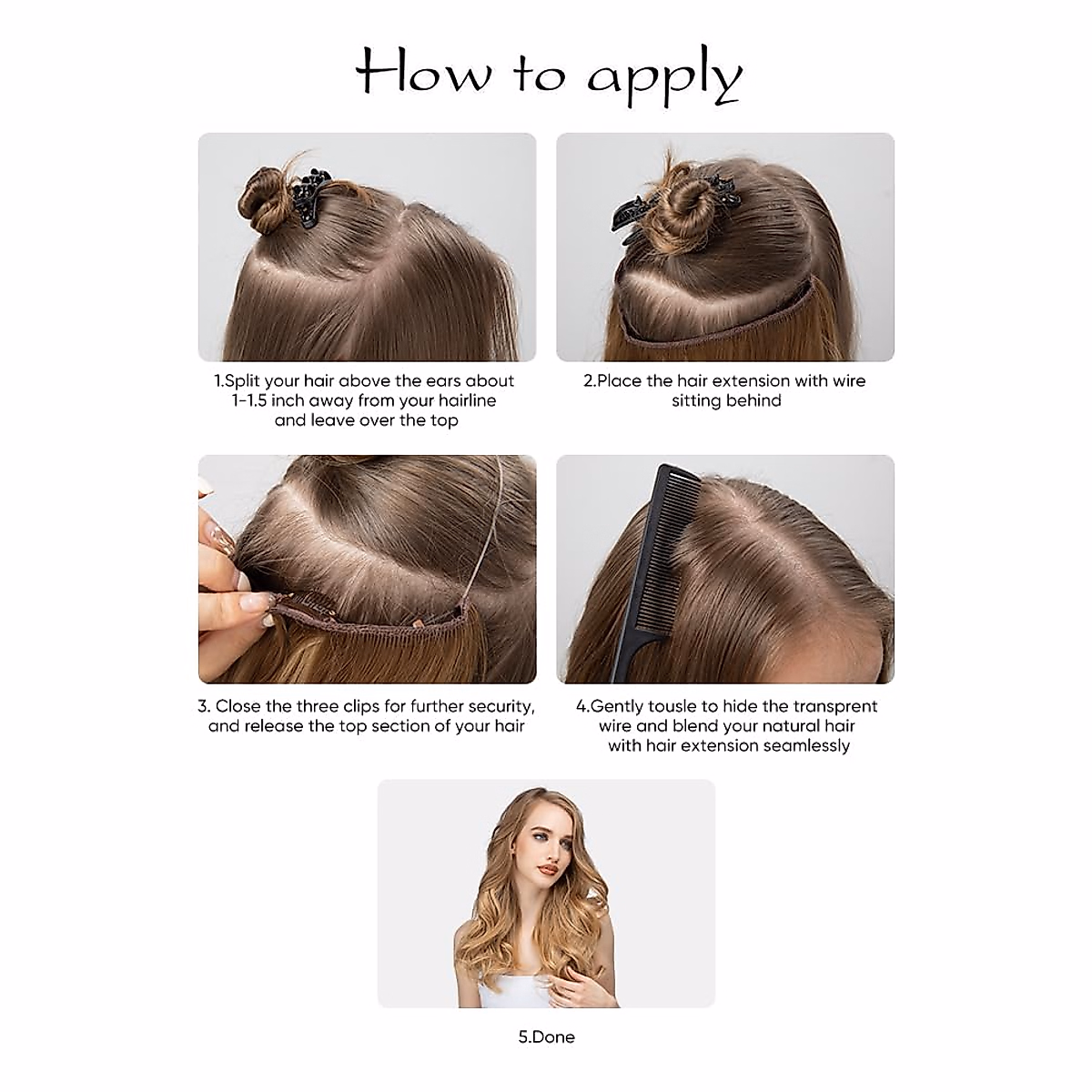 SARLA Invisible Wire Hair Extensions with 3 Clips Long Synthetic Wavy Curly Hairpiece Adjustable Transparent Headband for Women 18 Inch Black Brown