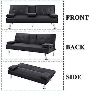 Convertible Futon Sofa Bed, Modern Leather Couch Upholstered Loveseat Sleeper Sofa with Cup Holder and Adjustable Back, Recliner Folding for Living Room, Apartment, Office (Black)