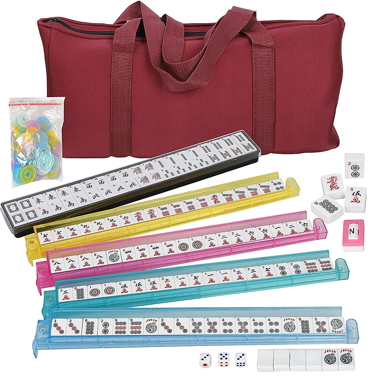 HNDTEK American Mah Jongg Mahjong Set 166 Tiles, 4 Colors All-in-One Rack/Pushers, Red Soft Bag and Accessories –Classic Full Size Complete Mahjongg Mah Jong Set