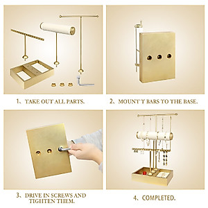 Funlove Jewelry Organizer Stand 3-in-1 Holder for Necklaces Bracelet Earrings & Ring, Tree Jewelry Tower Metal & Wood-Gold