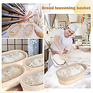 4 Pieces 10 Inch Bread Banneton Proofing Basket Oval Shape Bread Proofing Basket Rattan Oval Banneton Basket Dough Proofing Bowls with Liners and Scatters for Home Sourdough Bread Baking