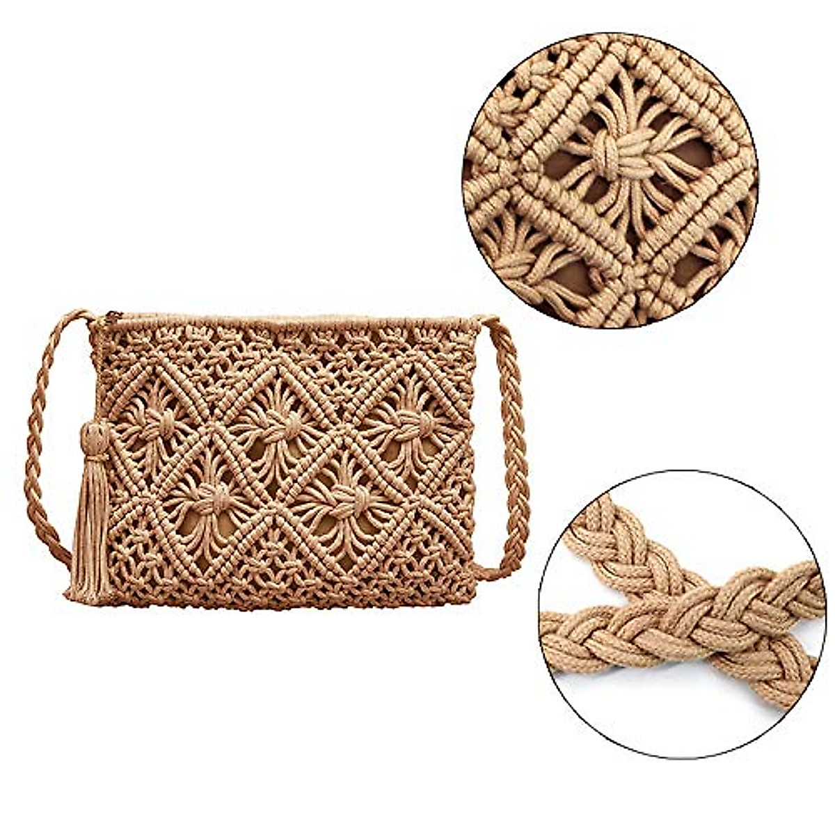 Meyaus Women Small Fringed Cotton Crochet Cross-body Shoulder Bag Bohemian Beach Travel Purse