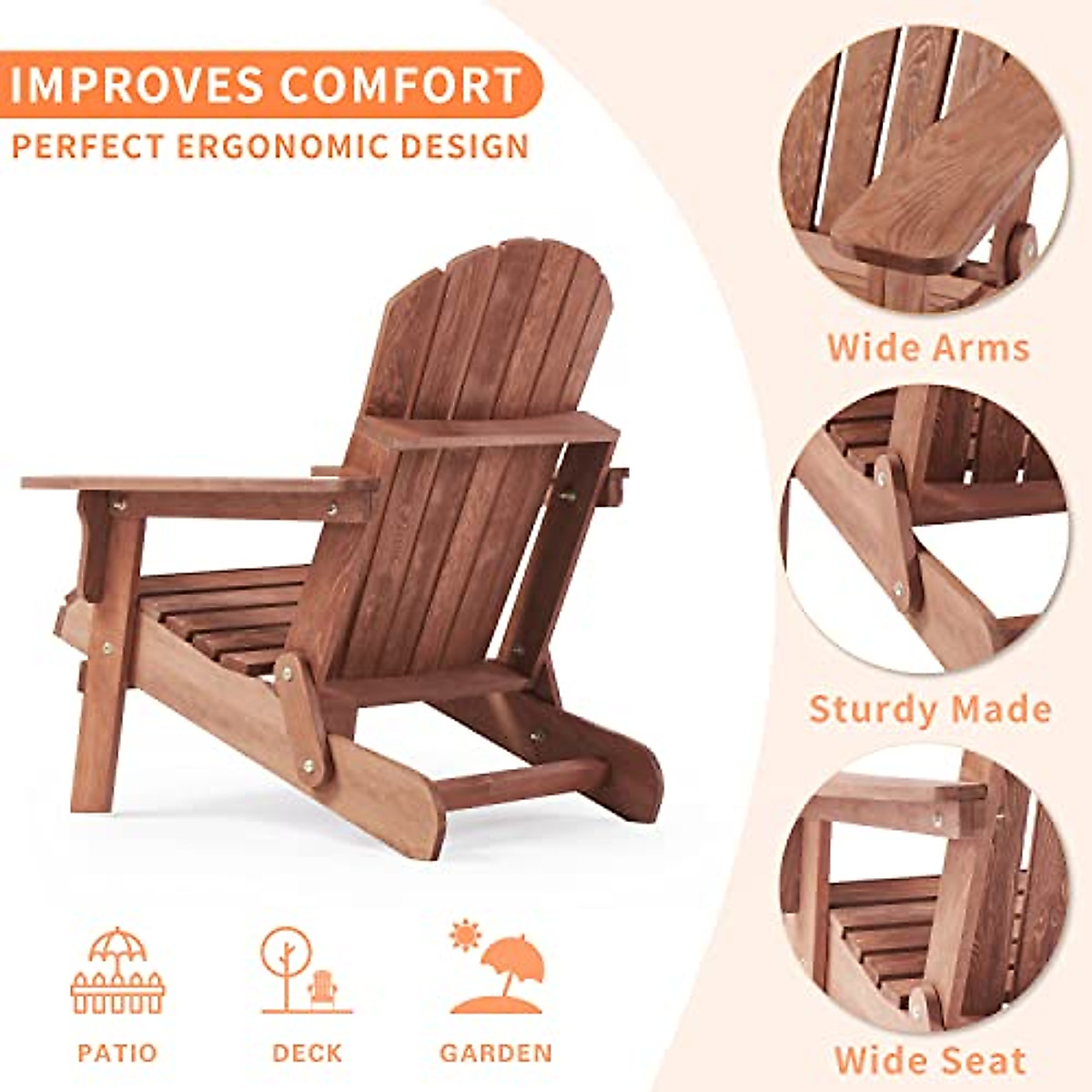 Oversized & Brushed Decent Wooden Folding Adirondack Chair, Cedar Wood Lounge Patio Chair for Garden Backyard Firepit Deck Pool Beach