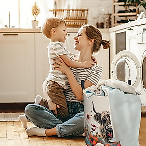 Highland Cow with Flowers Laundry Basket,Waterproof Laundry Hamper,Collapsible Organizer Basket for Storage Bin Toy Bins, Dirty Clothes Laundry Basket for Living Room/Bathroom/Bedroom
