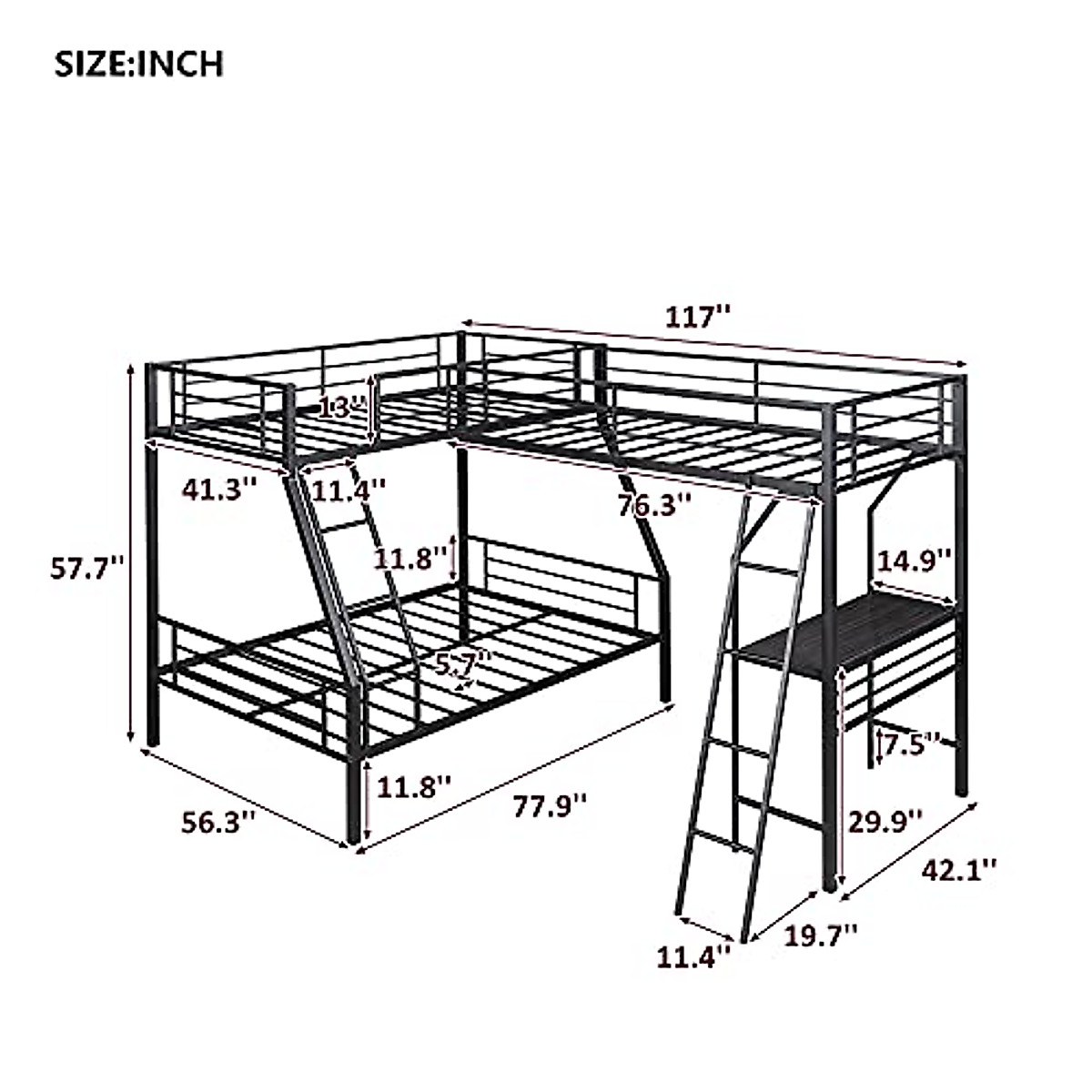 JJRY L-Shaped Metal Twin Over Full Bunk Bed with A Twin Size Loft Bed Attached A Desk and Two Inclined Ladders, Black
