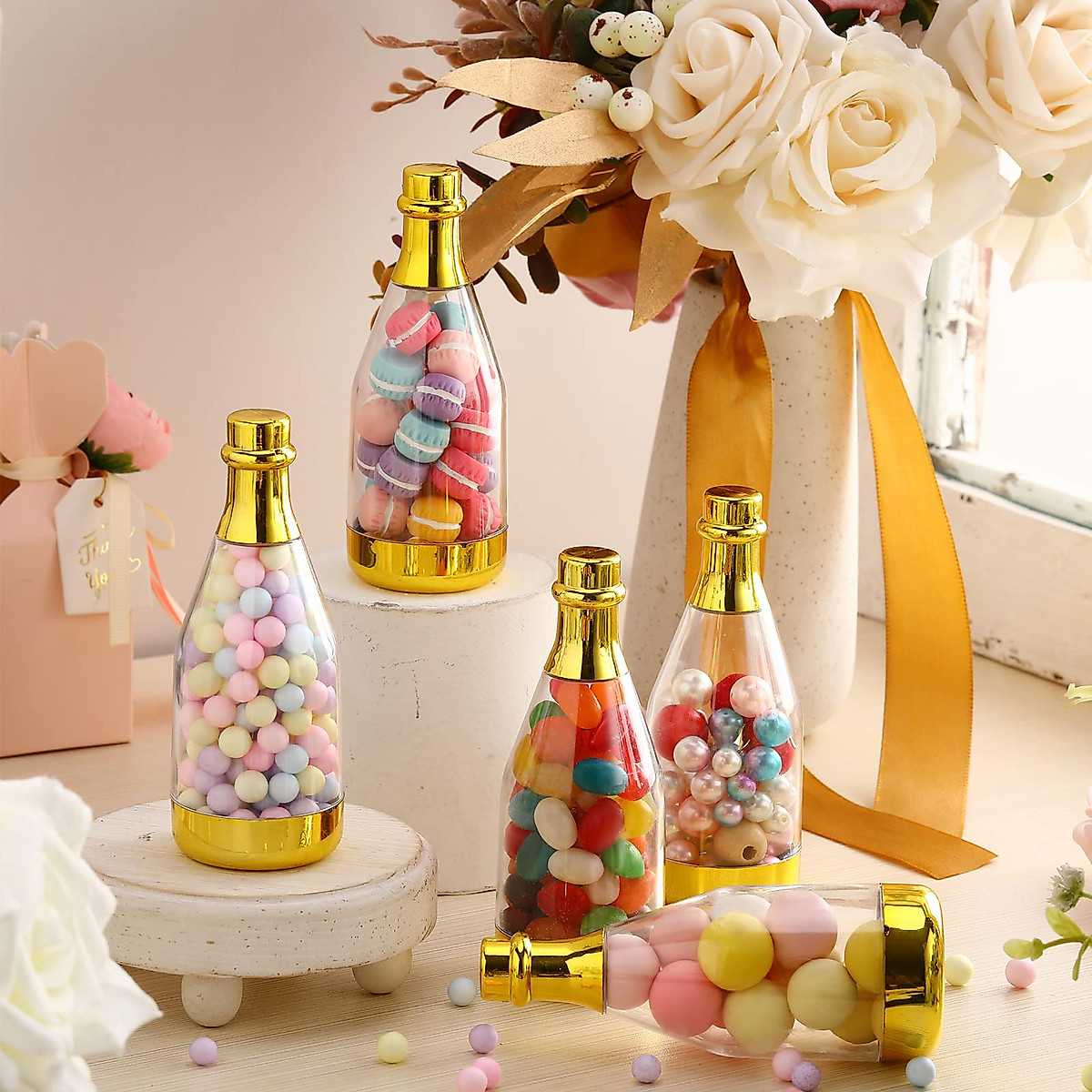 Gejoy 150 Pcs Metallic Mini Champagne Bottles Container Bulk Small Candy Bottles DIY Favor Plastic Candy Containers for Wedding Bridal Baby Shower Birthday Party Favors, Clear and Gold