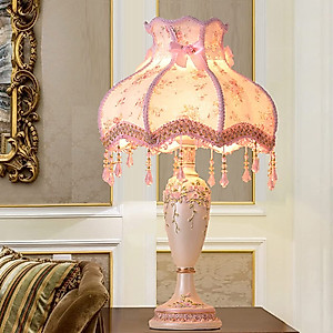 GaRcan Mid-Century Pink Desk Lamps Art Deco Resin Table Lamp Reading Bedside Light Fabric Princess Shade for Living Room Office, Study Room, Bedroom, Dorm Room,Pink