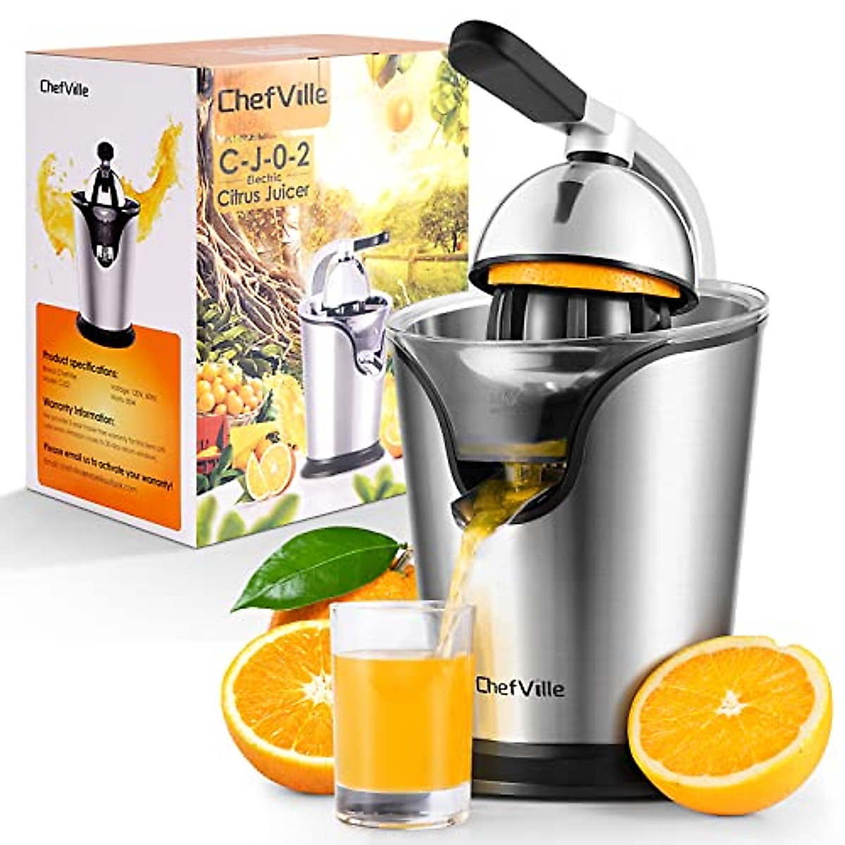 ChefVille CJ02 Electric Citrus Juicer, Electric Orange Juicer Squeezer with 2 Cones for Easy Use, Large Capacity Juice Container for the Whole Family, Party, Commercial Use, exprimidor de naranjas electrico