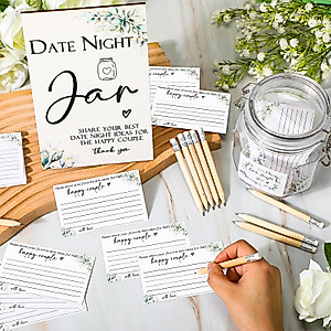 Geelin 114 Pcs Bridal Shower Games Include Date Night Jar Wooden Sign 100 Cards 10 HB Pencils 2 Stickers for Wedding Reception Games Date Idea Newlyweds Bridal Shower Party Favors(Greenery)