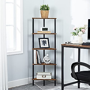 HOOBRO Corner Shelf with Metal Frame, Industrial 5-Tier Wall Corner Bookshelf Stand Display Plant Flower, Bookcase for Small Spaces, Bedroom, Living Room, Rustic Brown BF33CJ01
