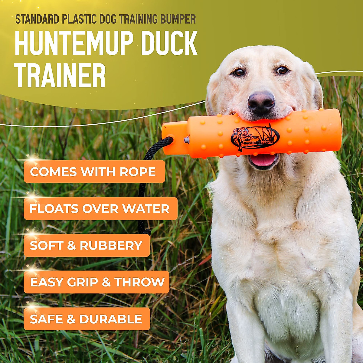 HuntEmUp Standard Size Plastic Dog Training Bumper with Throw Rope Dog Retrieving Dummy Duck Dog Hunting Training Tool Highly Visible Dog Float Toy – Orange