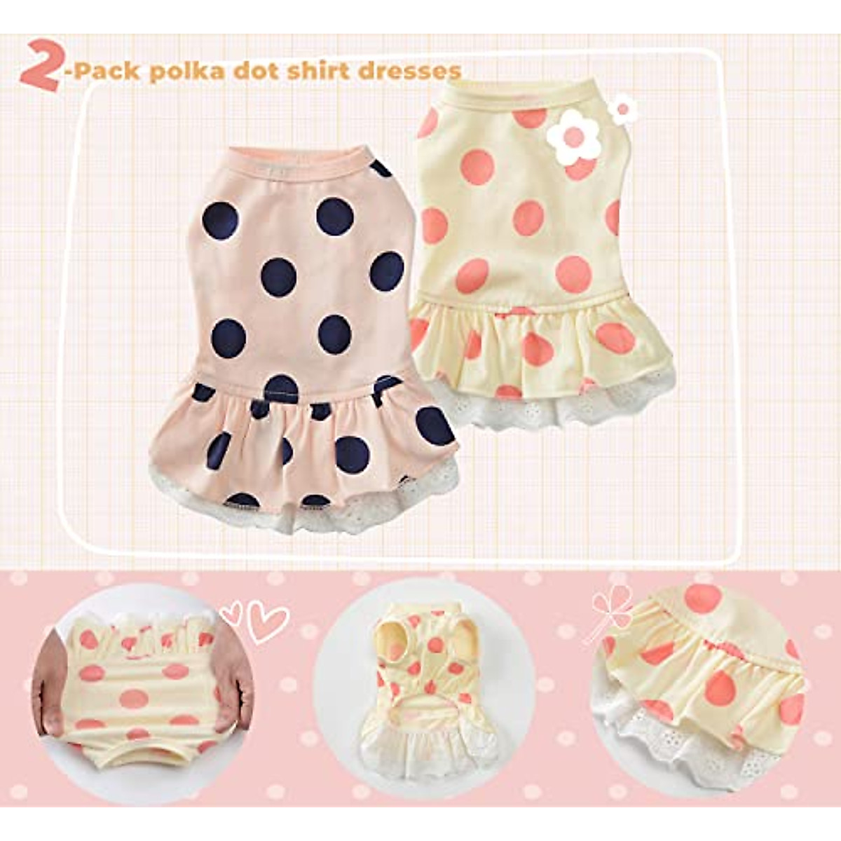 MSNFOASM 2Pcs-Pet Dog Elastic Soft Dress,Cute Polka Dots Lace Skirt for Small Dogs Cats（White&Pink S）