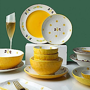 Porcelain Plate and Bowl Set,High-End Dinner Set,Ceramics Dinner Sets, 48 Pieces Cartoon Hand Drawn Bee Pattern Cereal Bowl and Steak Plate Set | Porcelain Dinnerware Set for Family Gathering