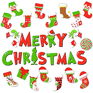 Christmas Stocking Cutouts Bulletin Board Decorations Set, Grinch Merry Christmas Letters, Whoville Christmas Party Supplies for Toddler Kid’s Room Students, Xmas School Holiday Classroom Decor
