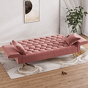 ONEMMLION Modern Velvet Futon Sofa Bed, Small Couch, Loveseat, 71" Convertible Futon Sofa with Folding Armrests and 2 Pillows, Comfy Couch for Living Room, Bedroom, Rose Pink