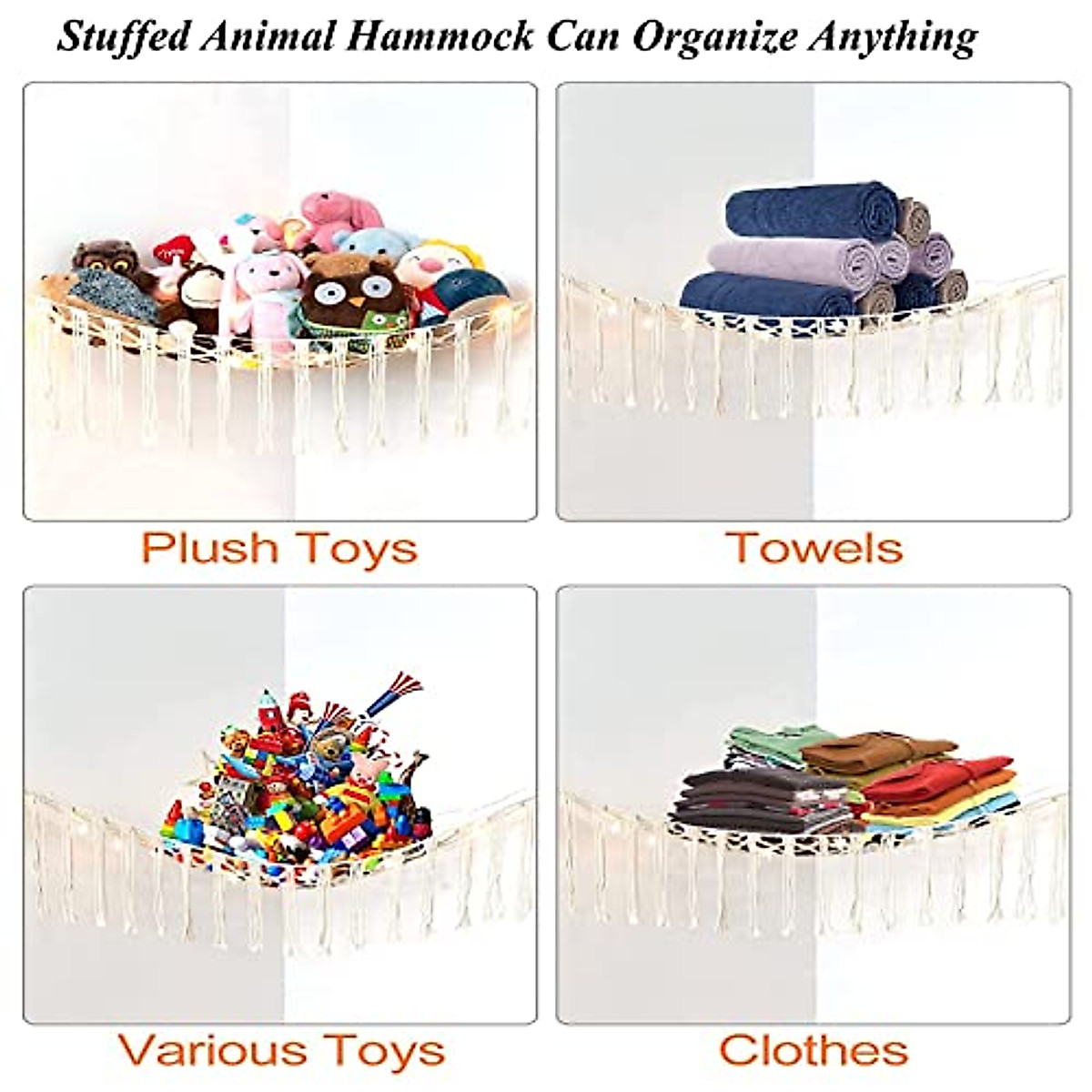 SZBAMI Stuffed Animal Net or Hammock with Light, Hanging Corner Net Toy Hammock for Stuffed Animals with Hooks, Hanging Net Toy Storage Organizer Animal Net for Bedroom Playroom Kindergarten -Large