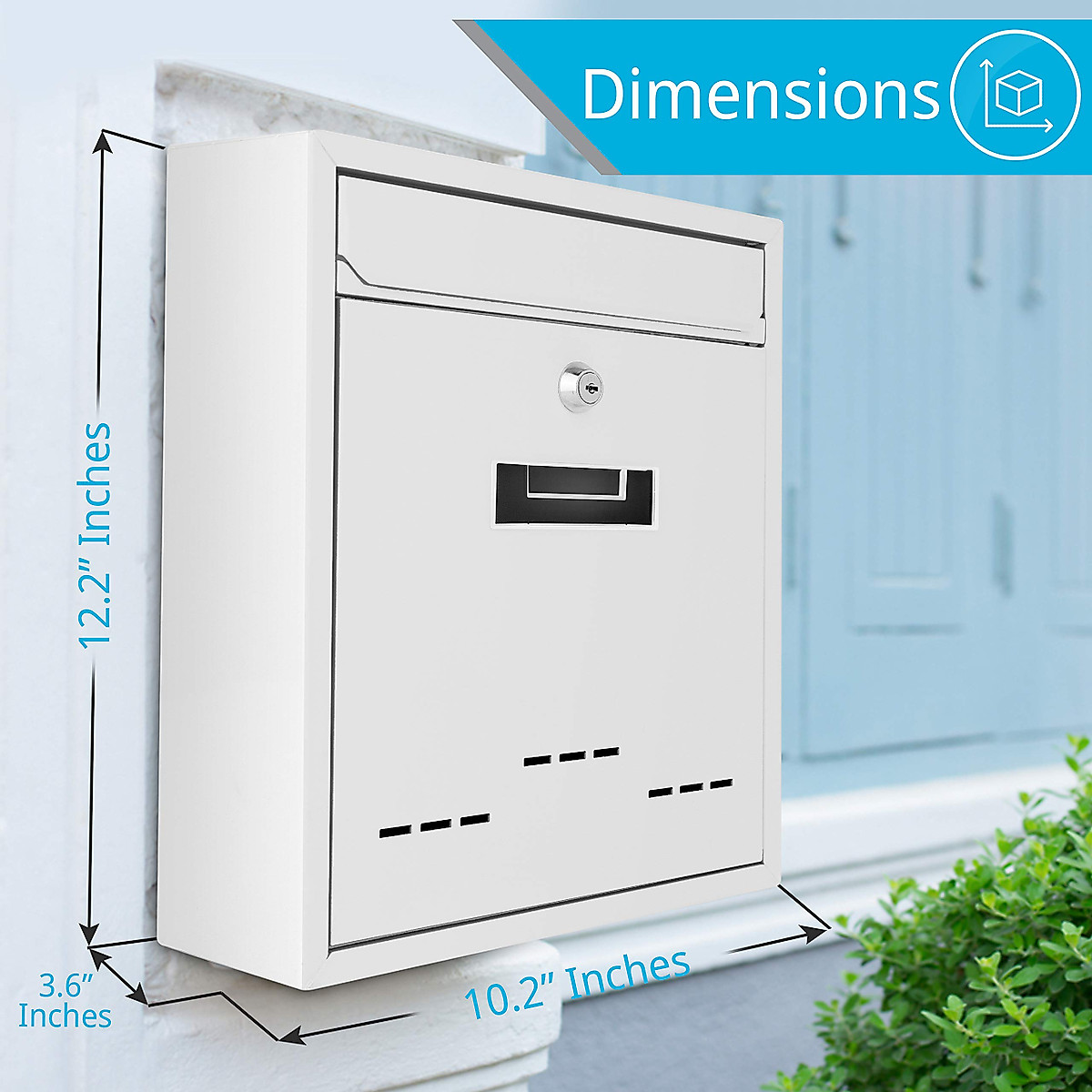 SereneLife Modern Wall Mount Lockable Mailbox-Outdoor Galvanized Metal Key Large Capacity-Commercial Rural Home Decorative &Office Business Parcel Box Packages SLMAB04,White,10.2’’ x 12.2’’ x 3.6’’