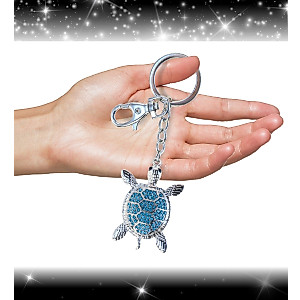 Aqua79 Blue Sea Turtle Keychain - Silver 3D Sparkling Charm Rhinestones Fashionable Stylish Metal Alloy Durable Key Ring Bling Crystal Jewelry Accessory with Clasp