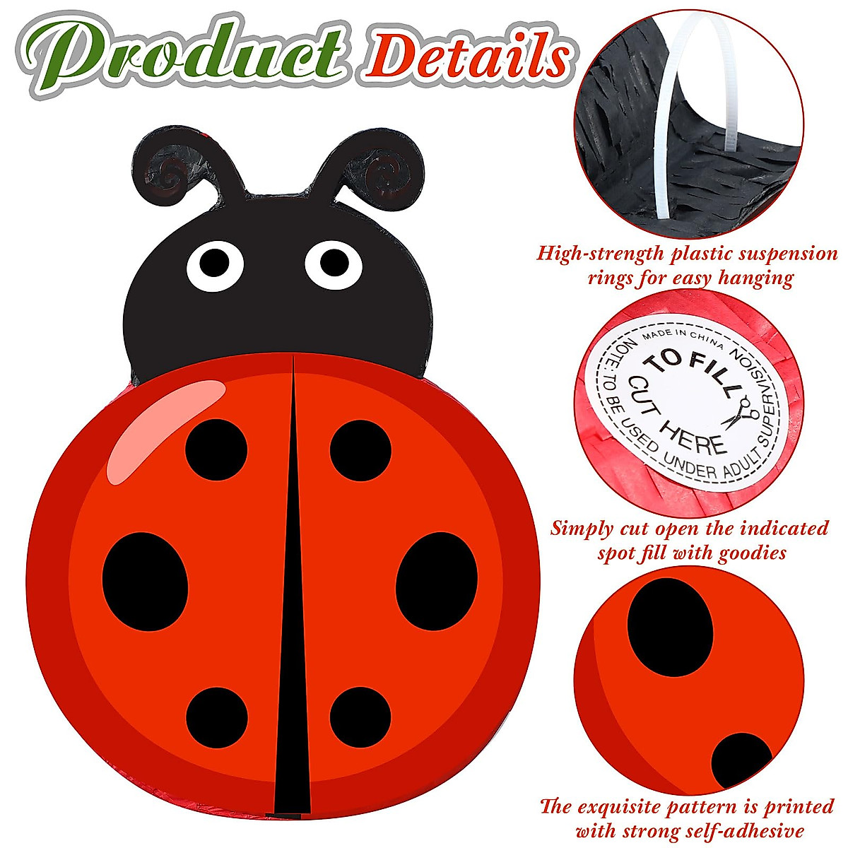 Pasimy Ladybug Piñata with Blindfold Bat Confetti Ladybug Party Decorations Ladybug Birthday Party Supplies Summer Parties Game Insect Party PiñataCarnival Decorations, 16 x 11.8 x 2.9 Inches