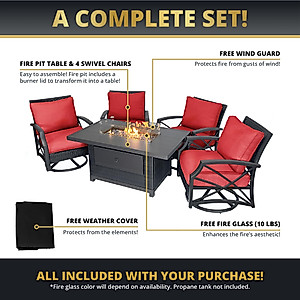 Kinger Home Novi 5-Piece Outdoor Patio Furniture Set with 52-Inch Propane Fire Pit Table - CSA Certified, 50,000 BTU, Swivel Chairs, Aluminum Frame, Includes Fire Glass & Wind Guard