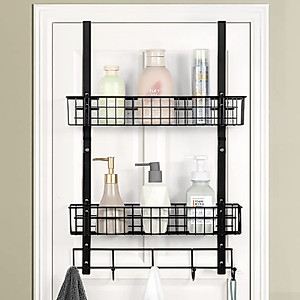 NEX Over The Door Hooks Organizer Hanger, Coat Hooks Towel Rack with 2 Mesh Basket 5 Hooks Hanging Storage Spice Rack Rustproof for Bathroom Bedroom Kitchen Back of Door Storage Shelves, Black