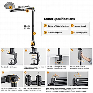 TARION Desk Camera Mount Stand Heavy Duty Articulated Camera Arm Articulating Table Mount Camera Stand Adjustable Flexible Gear Joints TKA01-L