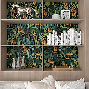 CHIHUT Leopard King Peel and Stick Wallpaper Self Adhesive Removable Jungle Animal Wallpaper Tropical Green Leaf Contact Paper Waterproof Wall Paper Decorative Vinyl Roll for Walls Cabinets 17.7”x100”