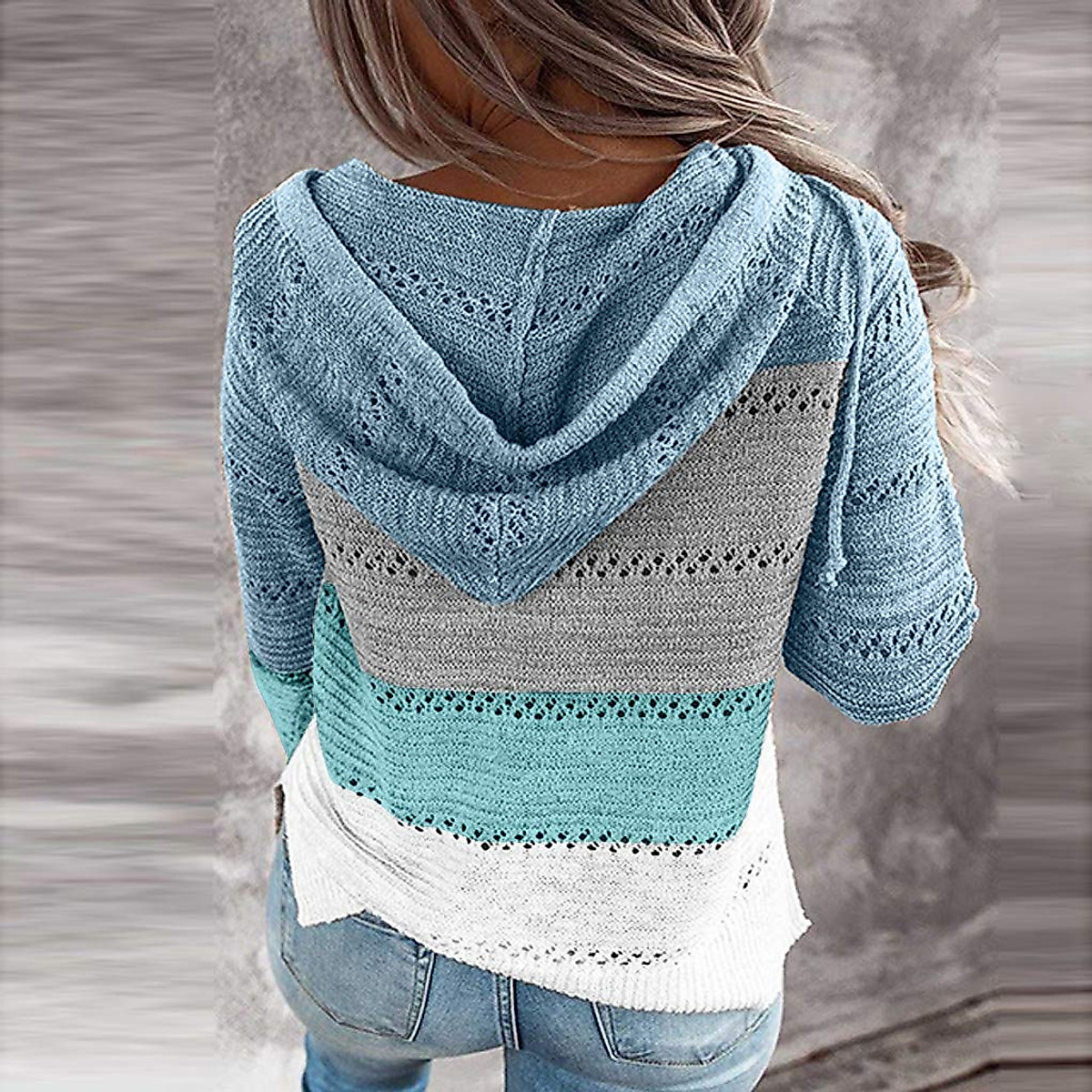 LATINDAY Women's Color Block Hoodie Striped Sweater Lightweight V Neck Knit Pullover Sweatshirts Sky Blue