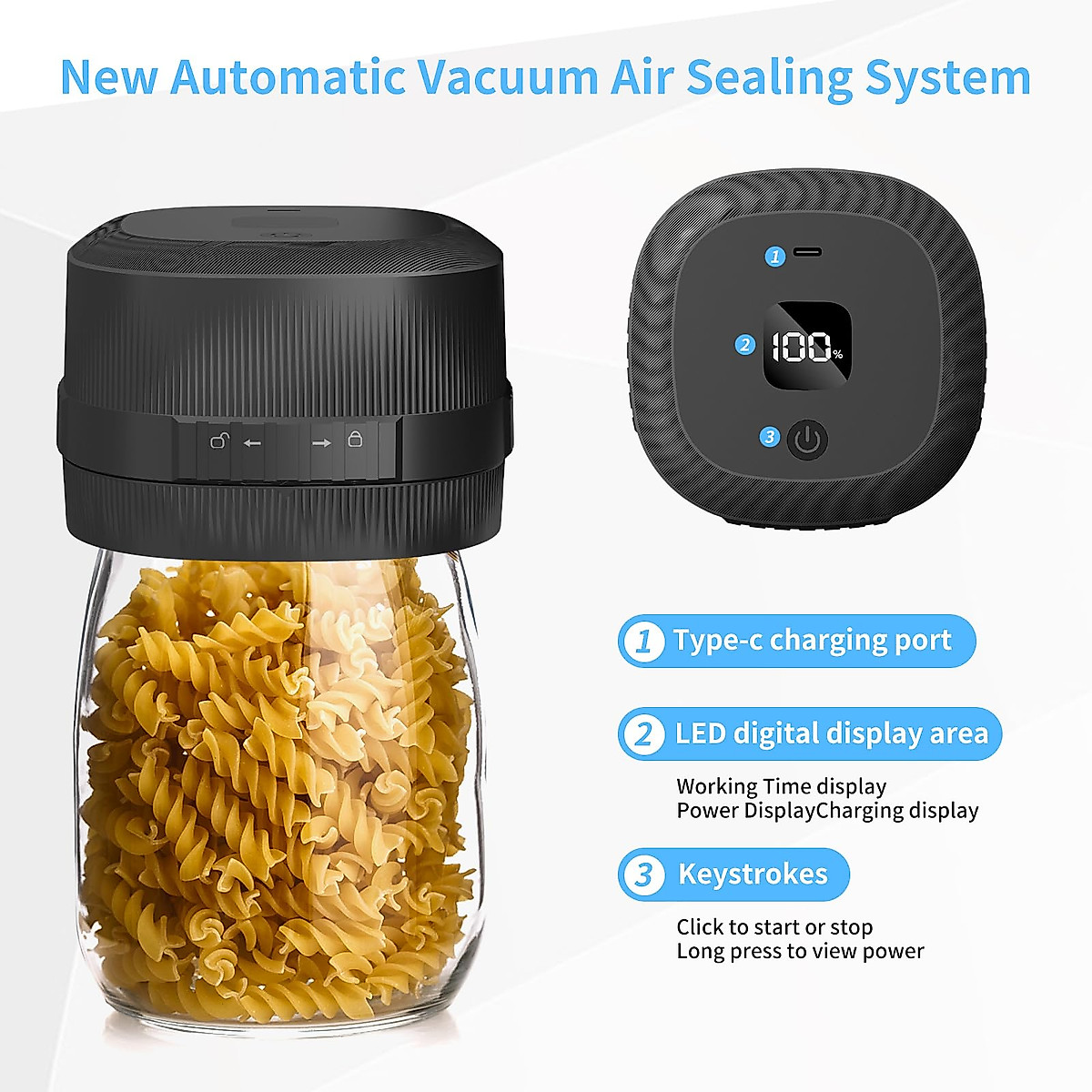 Electric Mason Jar Vacuum Sealer, BTEDZSW Mason Jar Vacuum Sealer Kit with Wide & Regular Mouth Mason lids,Type-C Charging for Food Vacuum Storage and Sealing Preservation