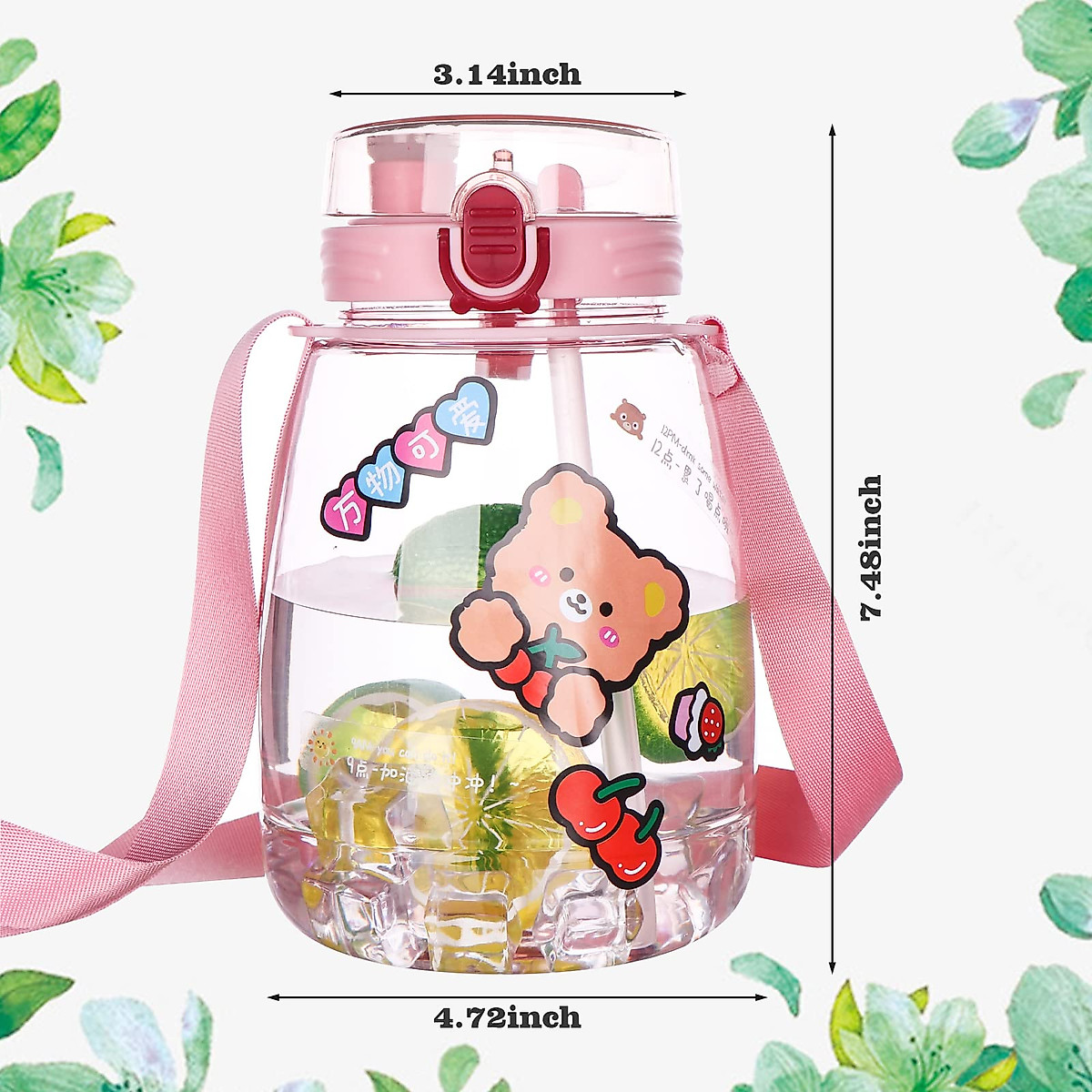 44 Oz Cute Water Bottles with Straws,Creative Kawaii High Capacity Cups,Leakproof Pot Belly Bottles with Adjustable Shoulder Strap,Anti-Fall Portable Juice Kettle Drinking Bottle Transparent Water Jug