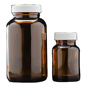 JG Finneran 9-225 Amber Borosilicate Glass Standard Wide Mouth Packer with White Polypropylene Closure and 0.015" PTFE Lined, 53-400mm Cap Size, 32oz Capacity (Pack of 12)