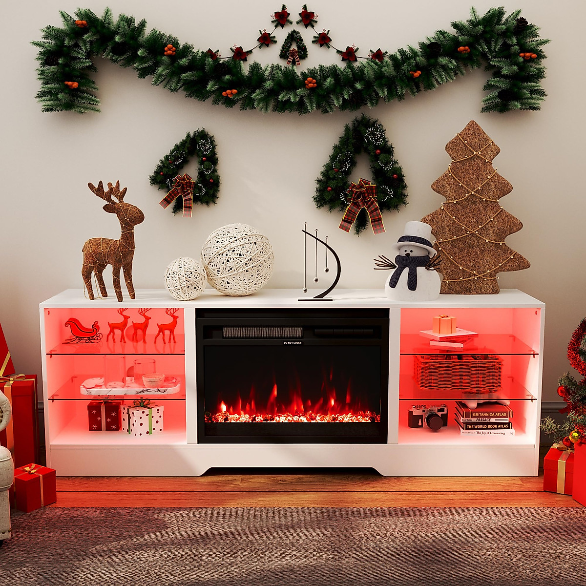 COCO DESIGN Fireplace TV Stand with 23" Fireplace, Electric Fireplace TV Console for TVs up to 75", LED Lights Wood and Glass Entertainment Center & Remote Control, White