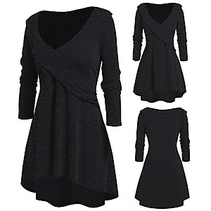 CapsA Women Halloween Gothic Sweatshirts Dress Long Sleeve High Low Pullover Plus Size V-Neck Tunic Plunging Neck Sweater Black