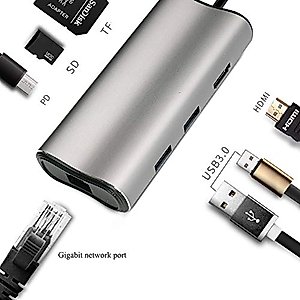 XUNMAIFHB Portable Docking Station,9-in-1 Multi-Function Type-C Docking Station HUB USB-c HDMI Female, USB3.0, Gigabit Network Card, SD Card, TF Card, 3.5MM Audio Interface Fast Transmission