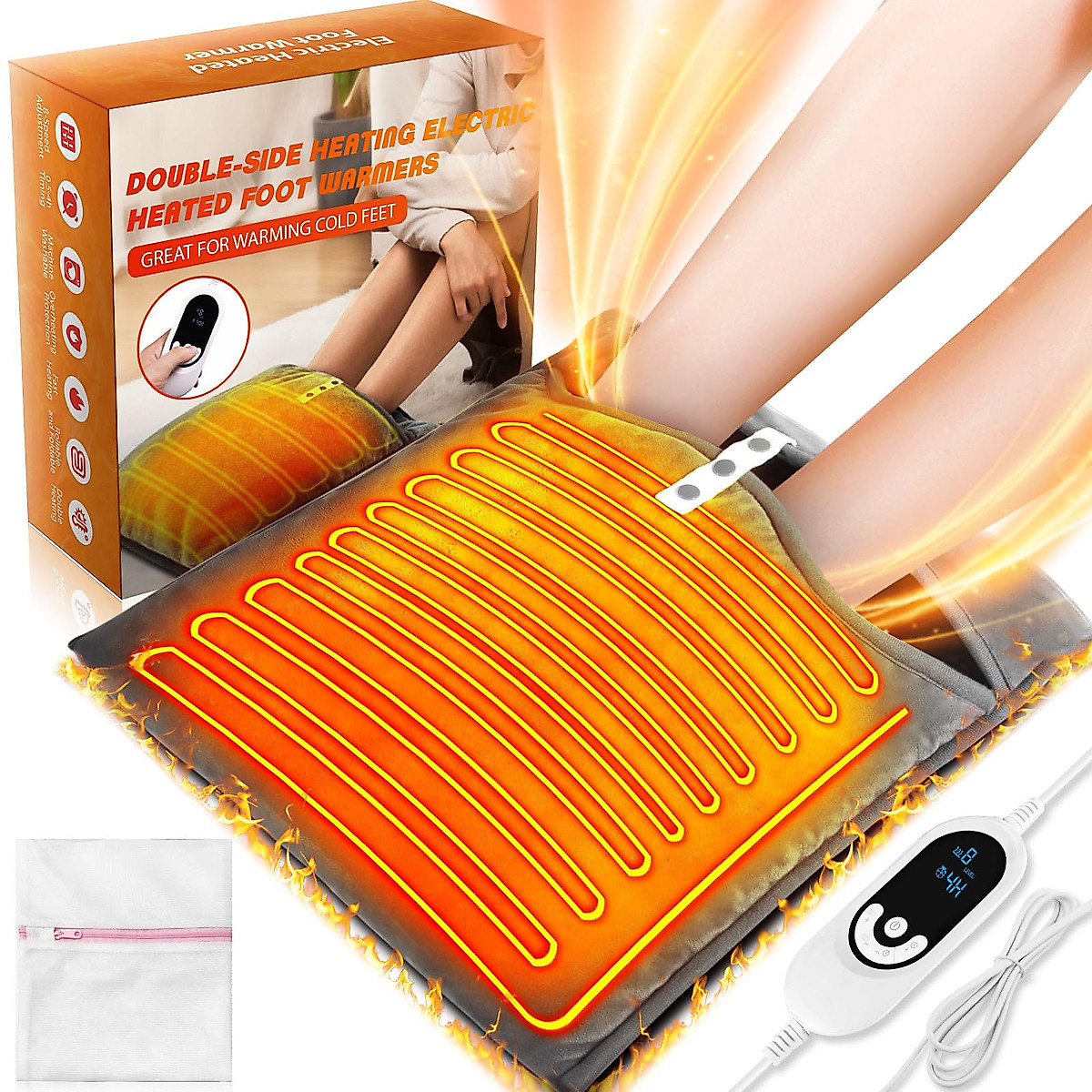 Double Sided Foot Warmer,2023 New Upgrade Electric Feet Heating Pads for Women Man with Fast Heating&Machine Washable,Electric Heated Foot Warmers with 8H Timer for Bed,Under DeskOfficeHome&Neuropathy