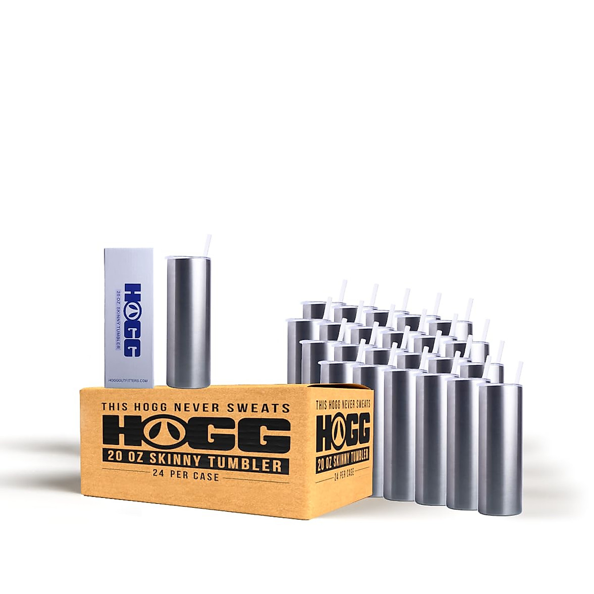 Hogg 20 oz Skinny Tumbler Case (24 Units), Stainless Steel Tumbler Blanks, 20 oz Tumbler Pack with Lids and Straws, Stainless Steel Tumblers Bulk, 20oz Tumblers, Blank Tumblers for Vinyl and DIY