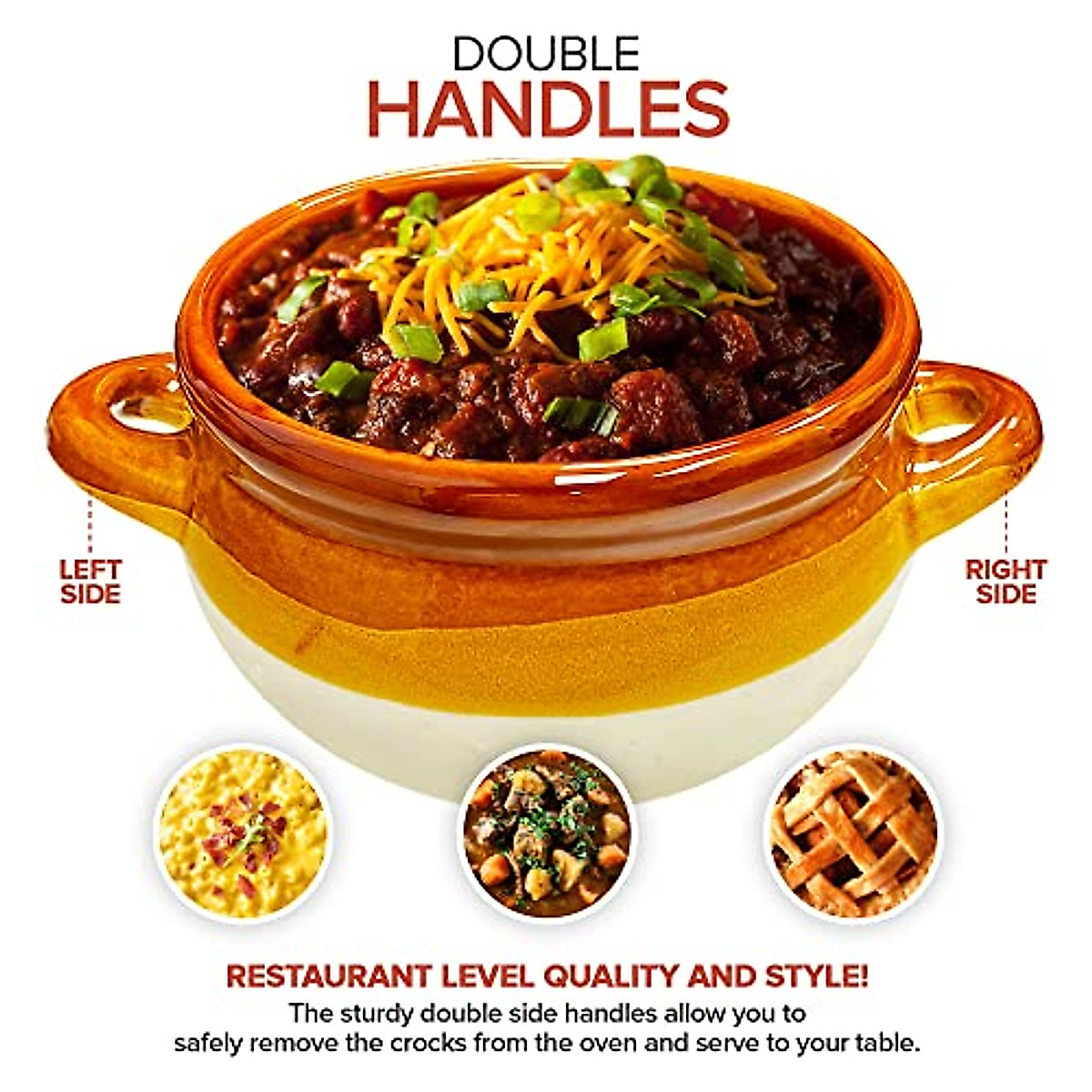 Stock Your Home 16 oz French Onion Soup Crock (4 Pack) - Two Tone Brown & Ivory Porcelain Soup Bowls with Handles -Microwave and Dishwasher Safe Crocks