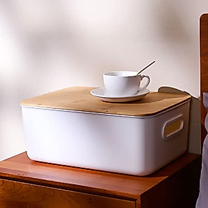 Citylife 2 PCS Storage Bins with Bamboo Lids Plastic Storage Containers for Organizing Stackable Storage Box with Handle, 15.12 x 10.67 x 5.98 inch