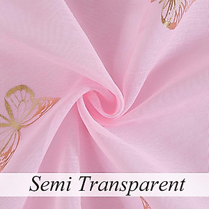 Jubilantex Pink Butterfly Sheer Curtains Gold Print Drapes for Baby Girls Nursery, Kids Bedroom 63 Inch Length Toddler Linen Textured Curtain Rod Pocket Window Treatment Sets, 2 Panels