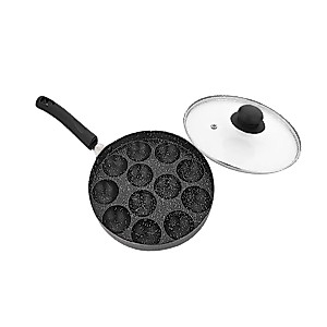 Non Stick Aluminium Long Handel 12 Pits Appam Pan with Transparent Glass Lid - Black and Silver