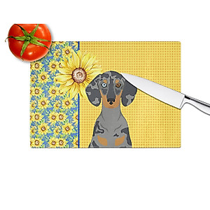 Caroline's Treasures WDK5394LCB Summer Sunflowers Black Dapple Dachshund Glass Cutting Board Large Decorative Tempered Glass Kitchen Cutting and Serving Board Large Size Chopping Board
