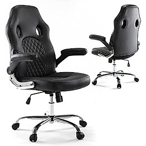 Gaming Chair, Home Office Computer Chair PU Leather Ergonomic Racing Desk Chair Adjustable Height Mid Back ﻿Executive Task Chair with Lumbar Support and Flip Up Armrest, Rocking Swivel Comfty Cushion