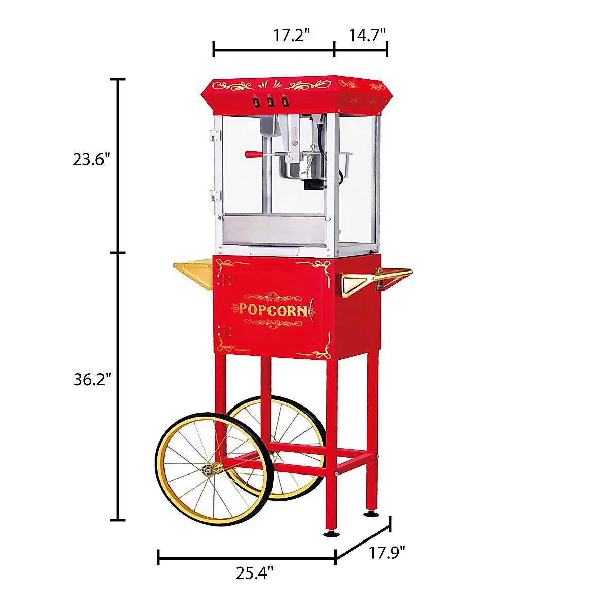 Great Northern Popcorn Foundation Popcorn Machine with Cart 8oz Popper with Stainless-Steel Kettle, Warming Light, and Accessories, (Red)